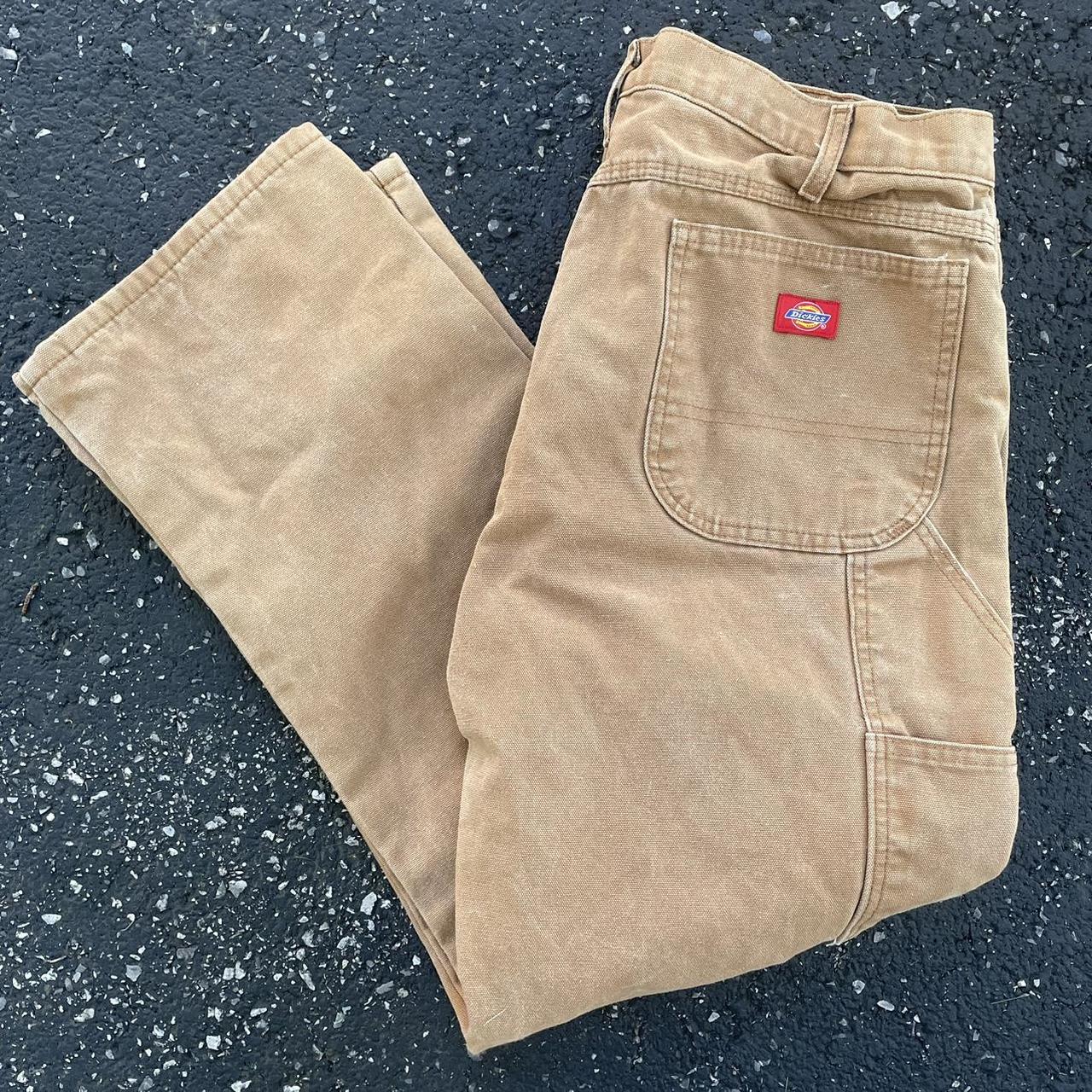 dickies carpenter pants 38x32 tan with plaid... - Depop