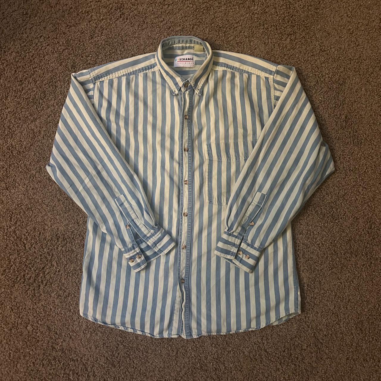 Large unisex/men's vintage blue striped button-up... - Depop