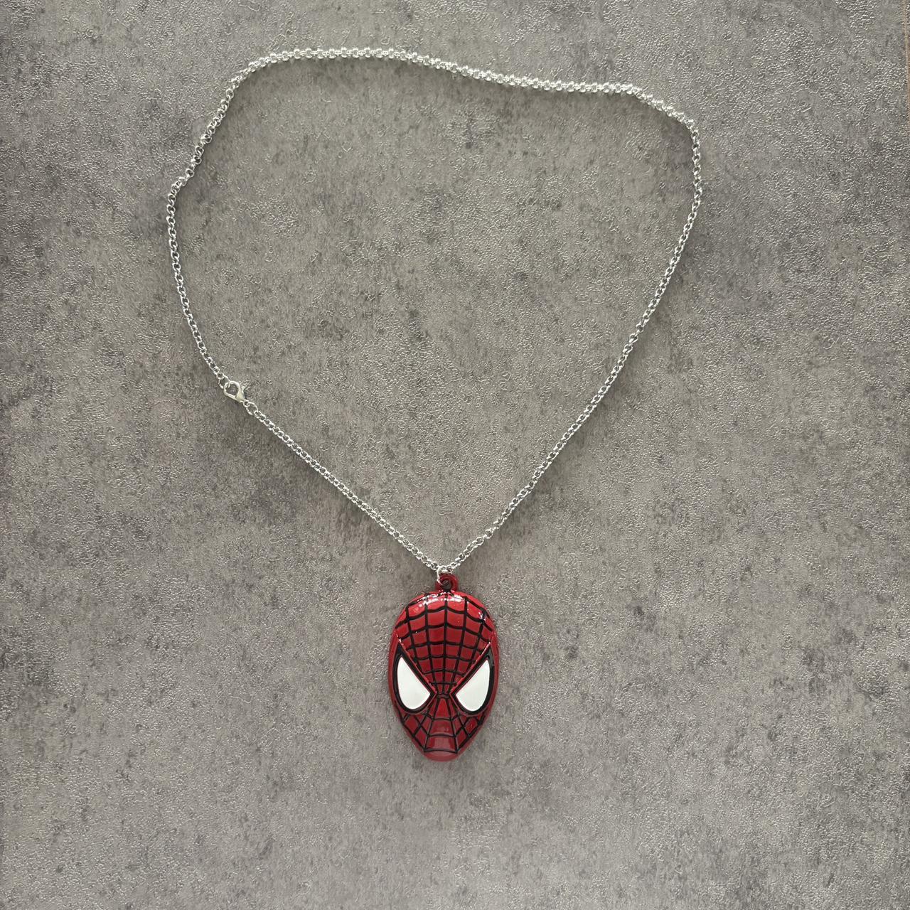 Y2k silver red spiderman mask marvel chain necklace... | Depop