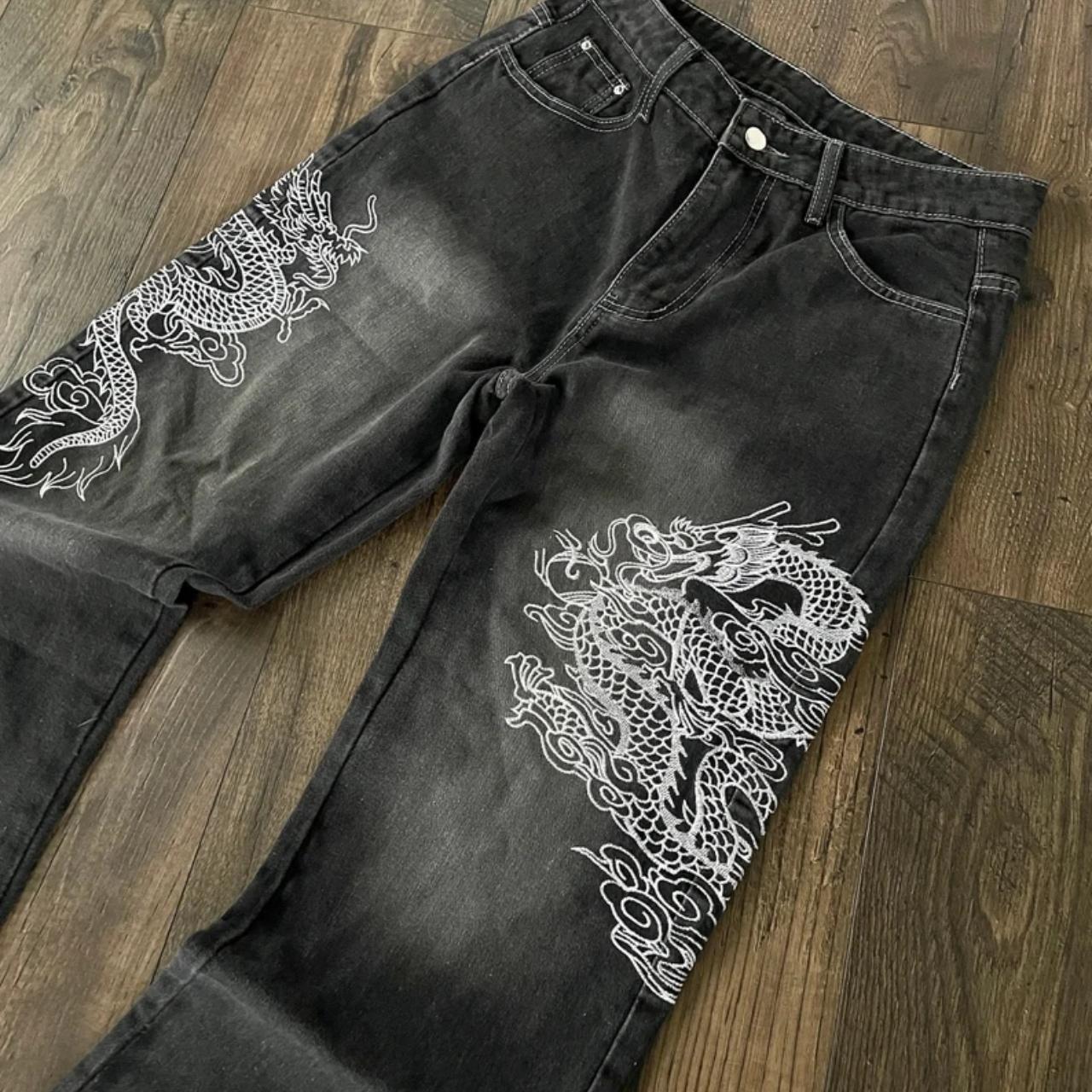Embroidered Dragon Jeans, Amazing Fit Baggy Pants,... - Depop