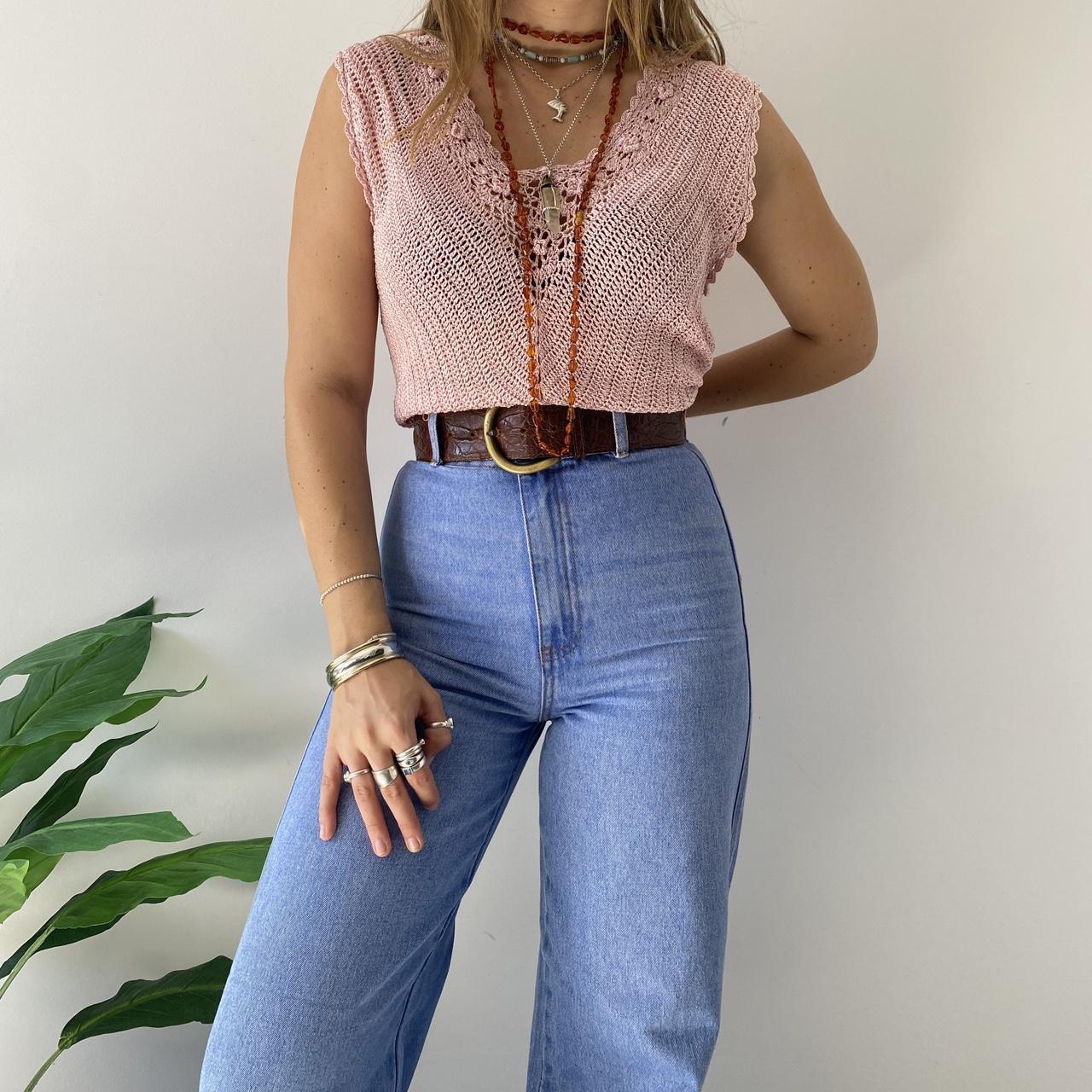 Vintage pink crochet knit top longline style -... - Depop