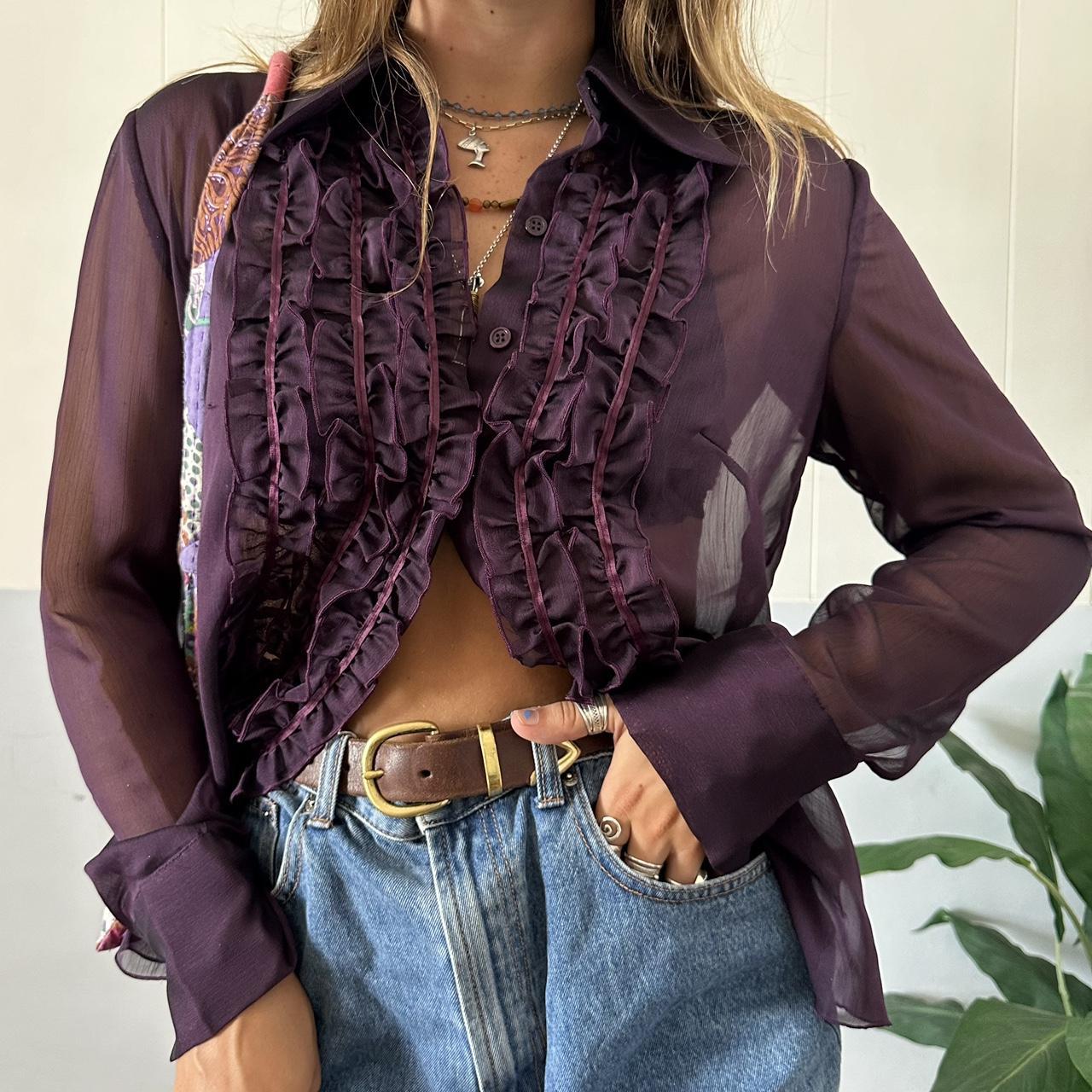 Vintage sheer purple ruffled button up blouse... - Depop