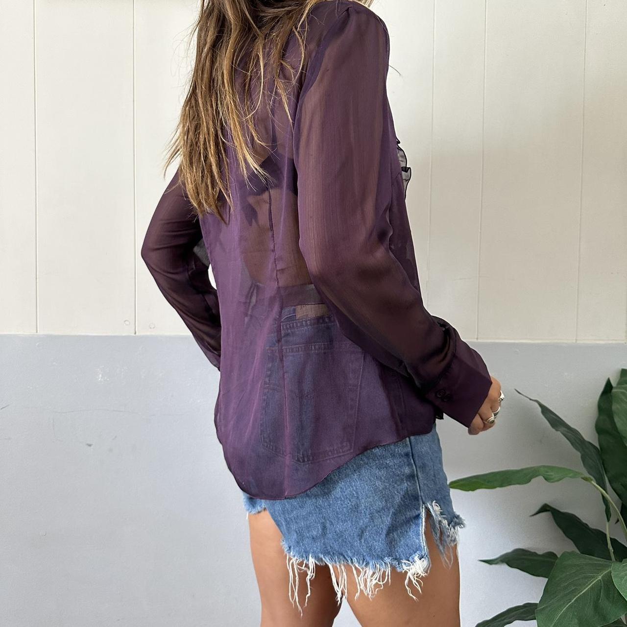 Vintage sheer purple ruffled button up blouse... - Depop