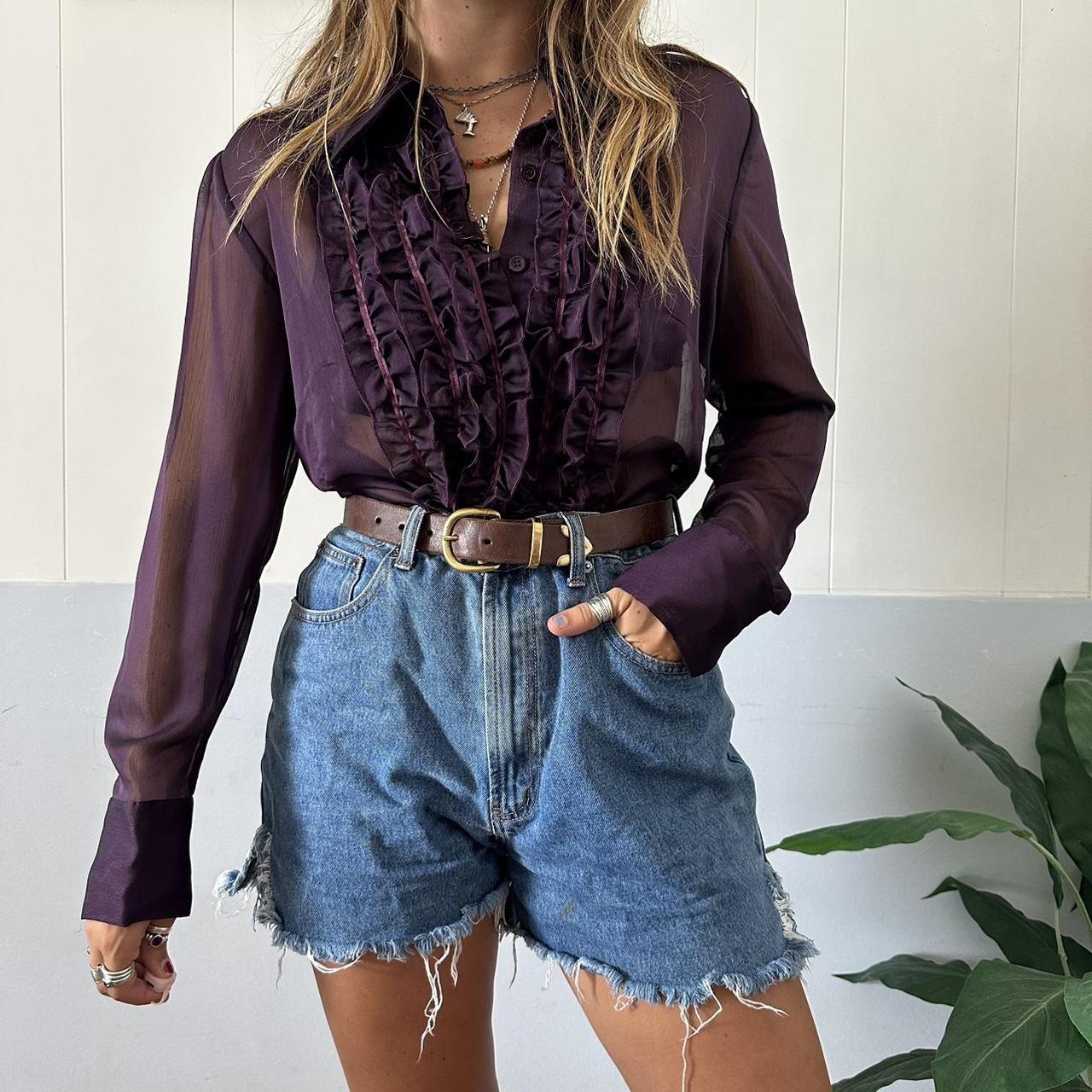 Vintage sheer purple ruffled button up blouse... - Depop