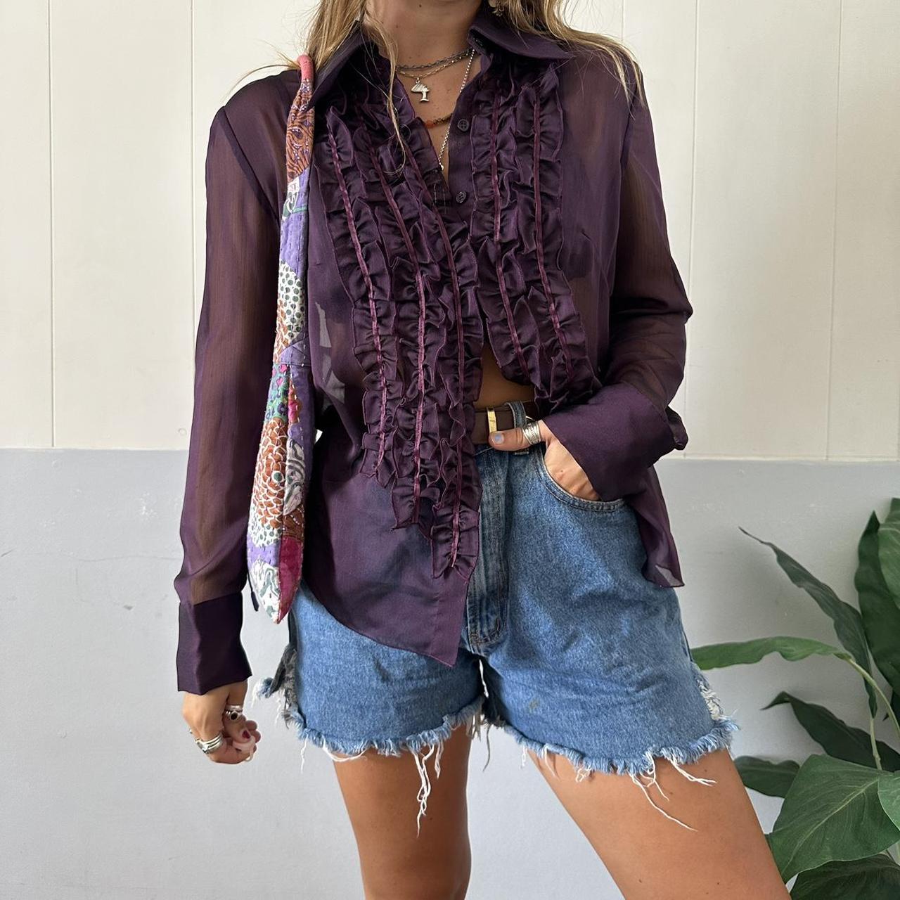 Vintage sheer purple ruffled button up blouse... - Depop