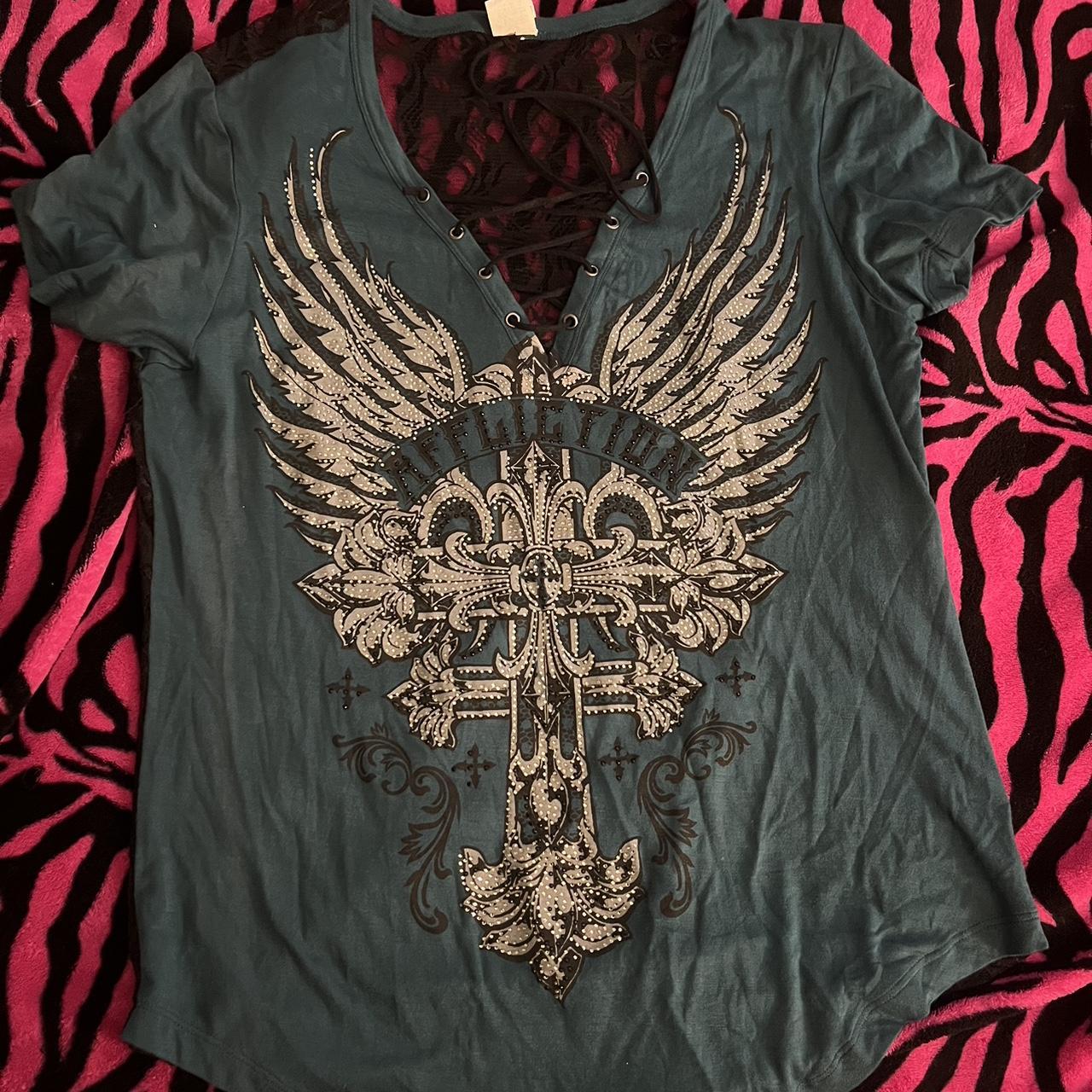 AFFLICTION TOP super sick blue affliction top with... - Depop