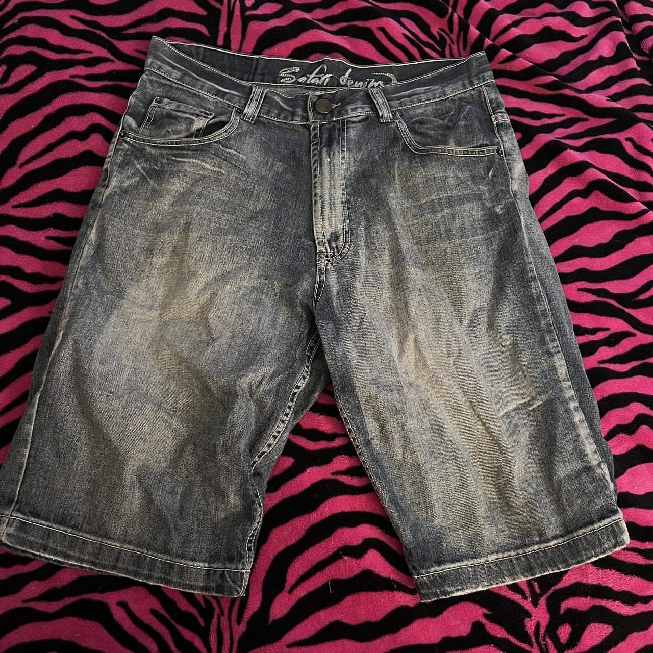 jorts with a cool wash and designs on the back pockets | Depop