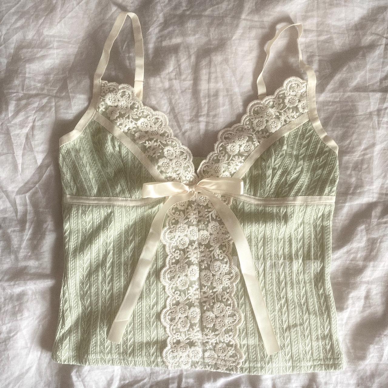 🌿 adorable sage/green cami top with lace ribbon bow... | Depop