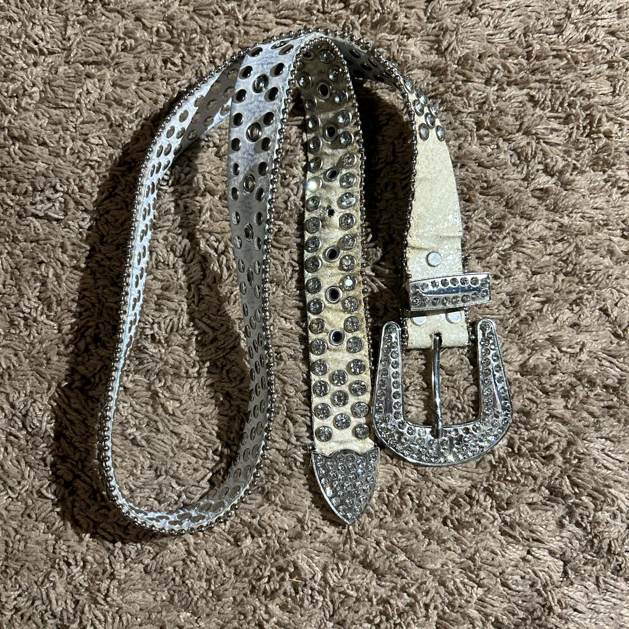 White and silver studded belt with diamanté details... | Depop