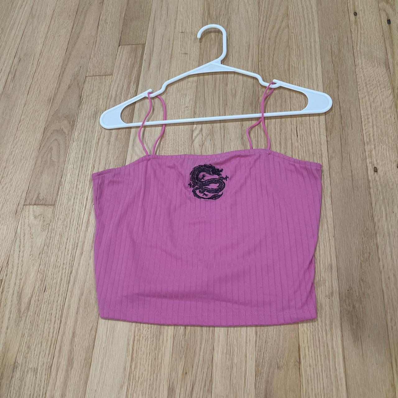 hot pink spaghetti strap tank top with a black... - Depop
