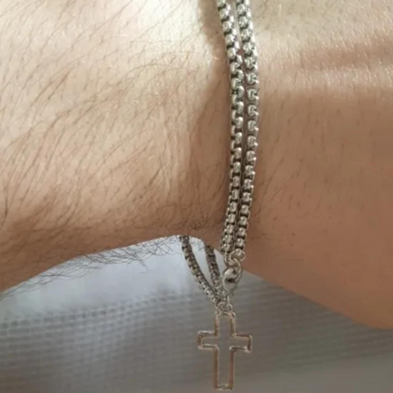 Men's Fashion Double Chain Cross Hollow Wrist Bracelets - Depop