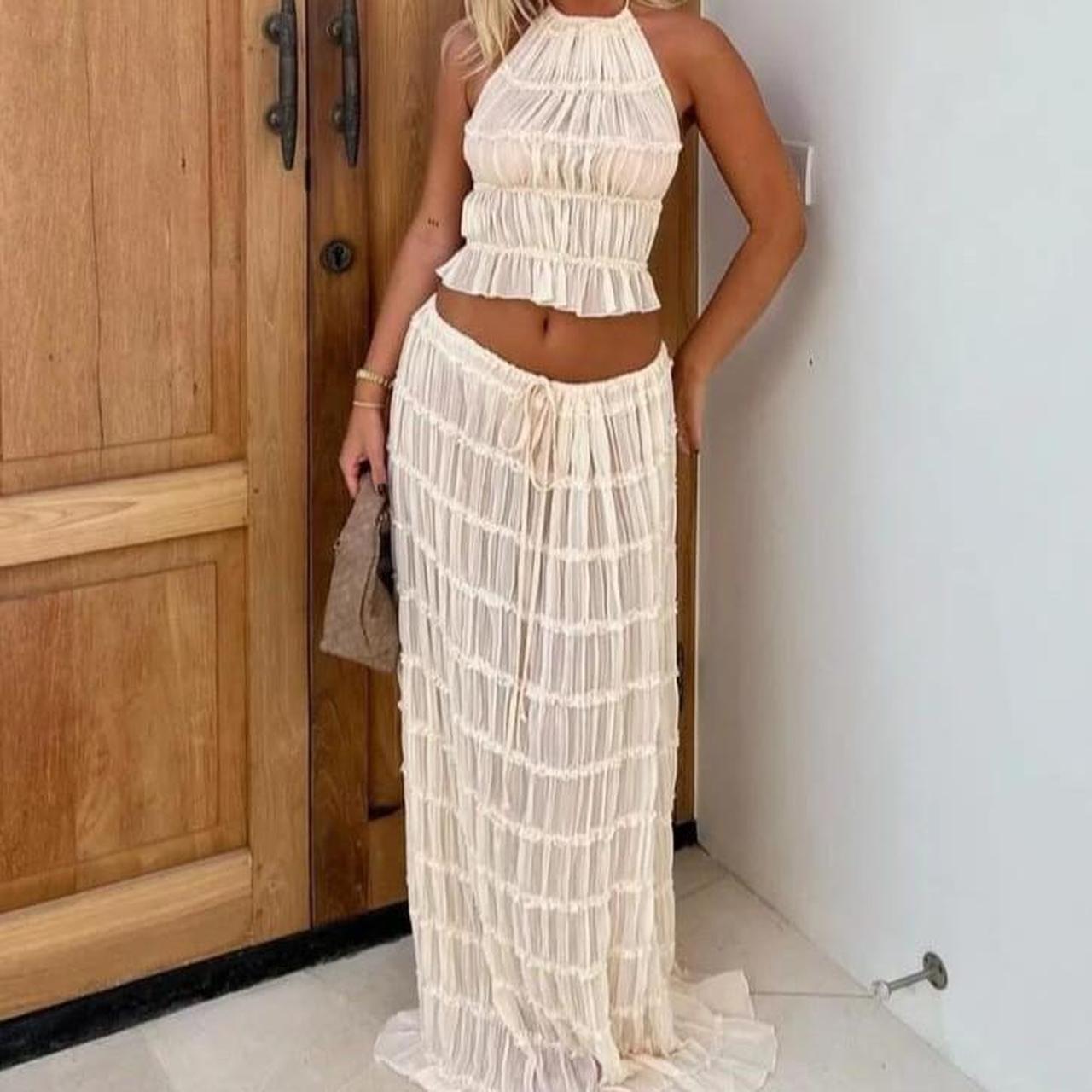 Sexy Halter Pleated Crop Tops Maxi Skirts Set Depop