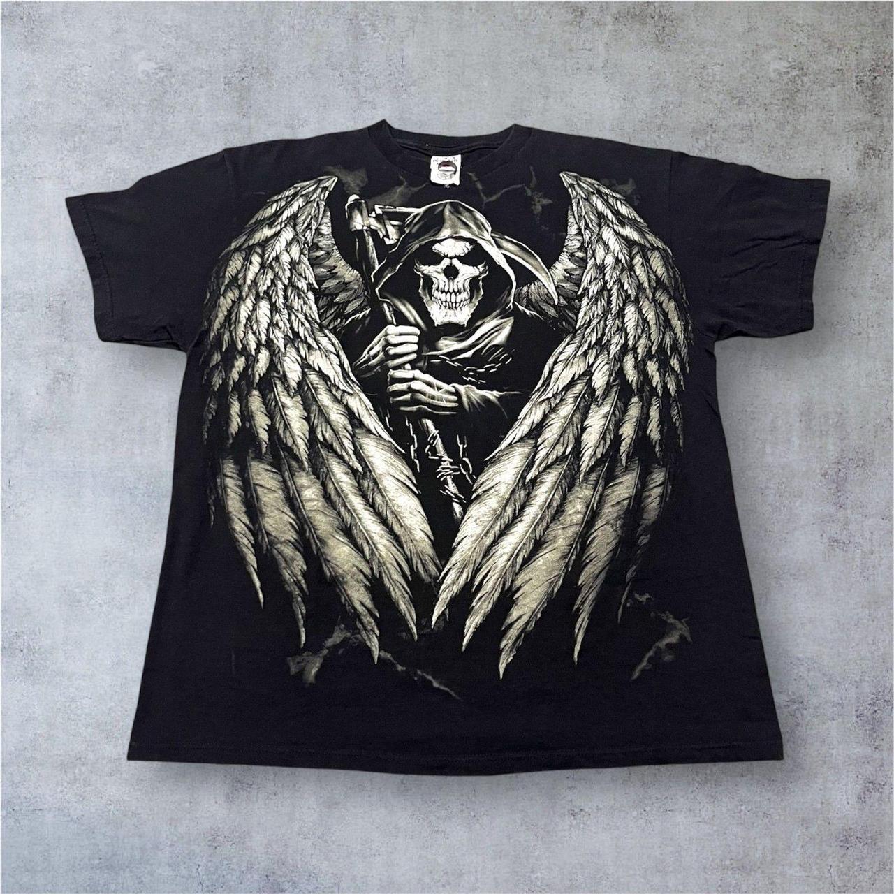 Vintage Y2K Black White Emo Grunge Grim Reaper Skull... - Depop