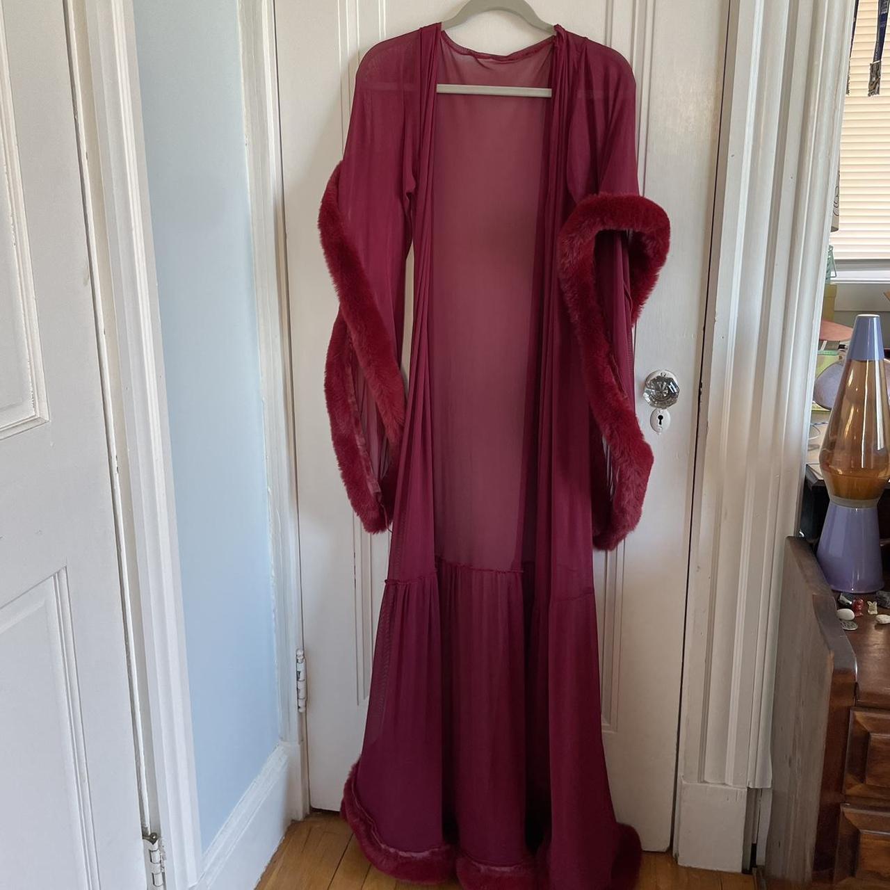 Burgundy fur trim robe #glamour Has loops for belt... - Depop