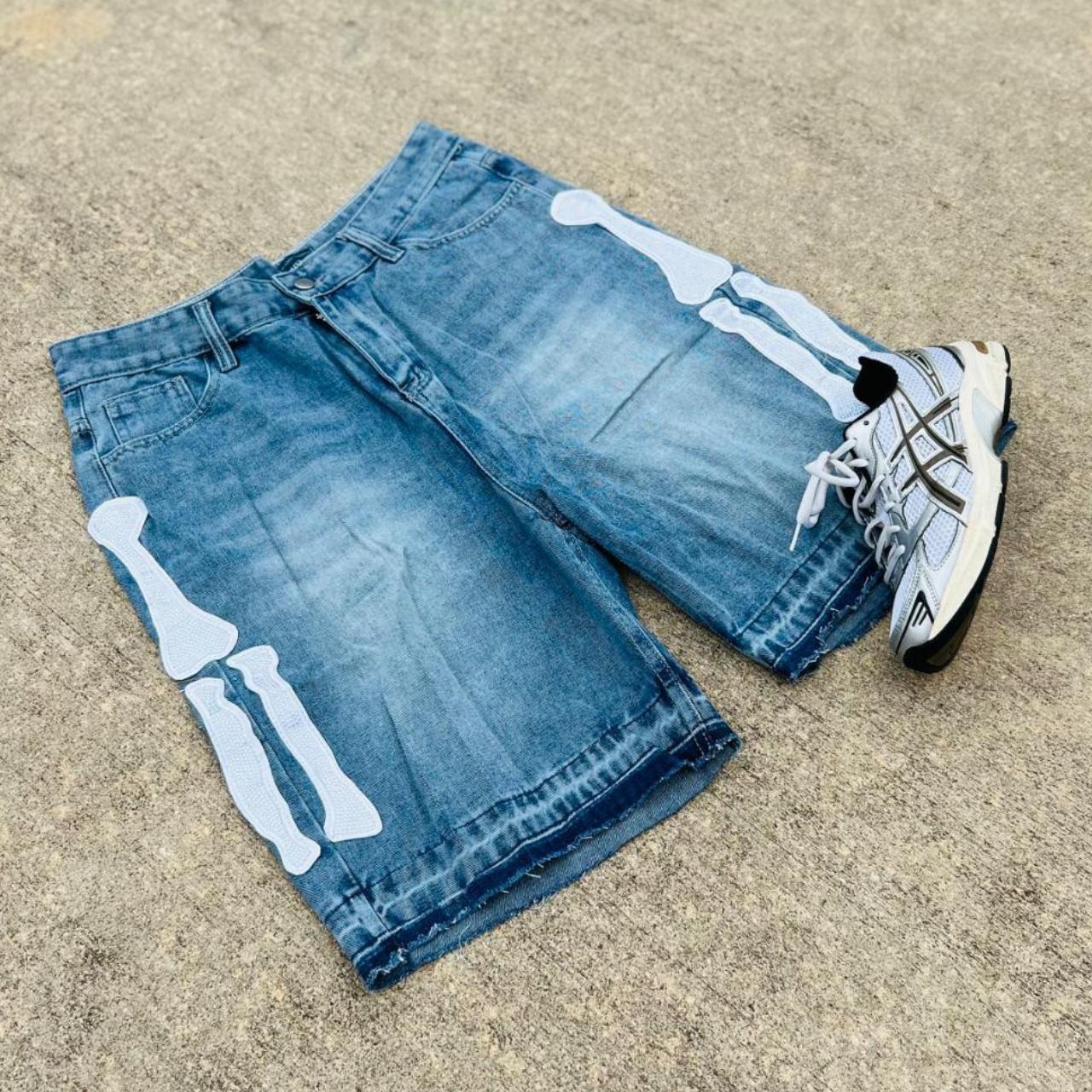 LARGE BLUE WASHED RHINESTONE SKELETON JORTS - MINT... | Depop
