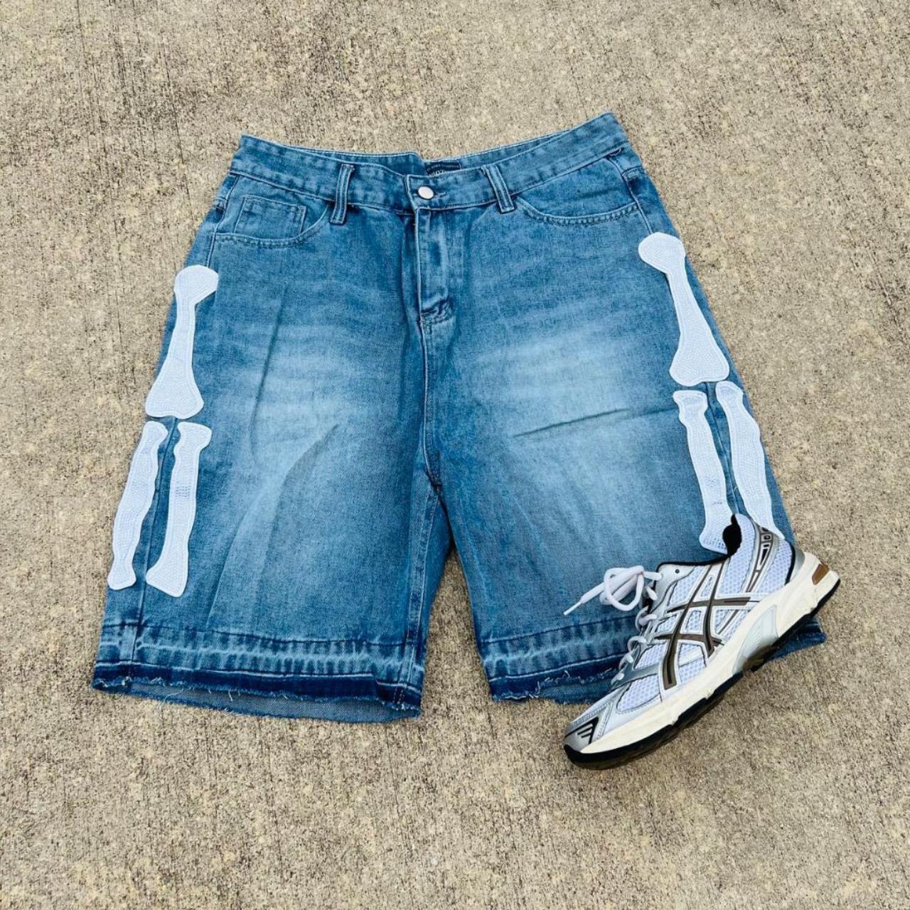 LARGE BLUE WASHED RHINESTONE SKELETON JORTS - MINT... | Depop