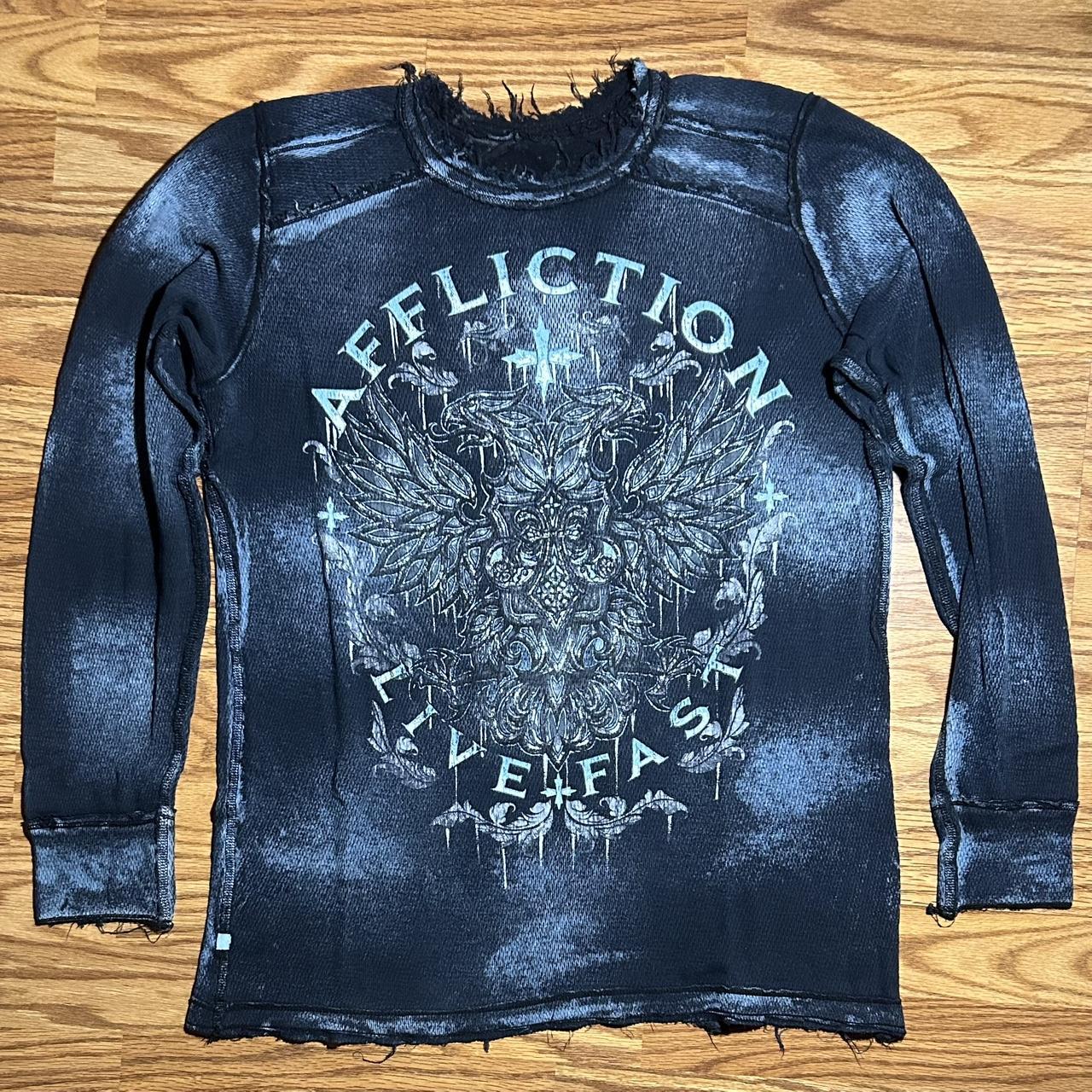 Affliction black and blue long sleeve shirt with a... - Depop
