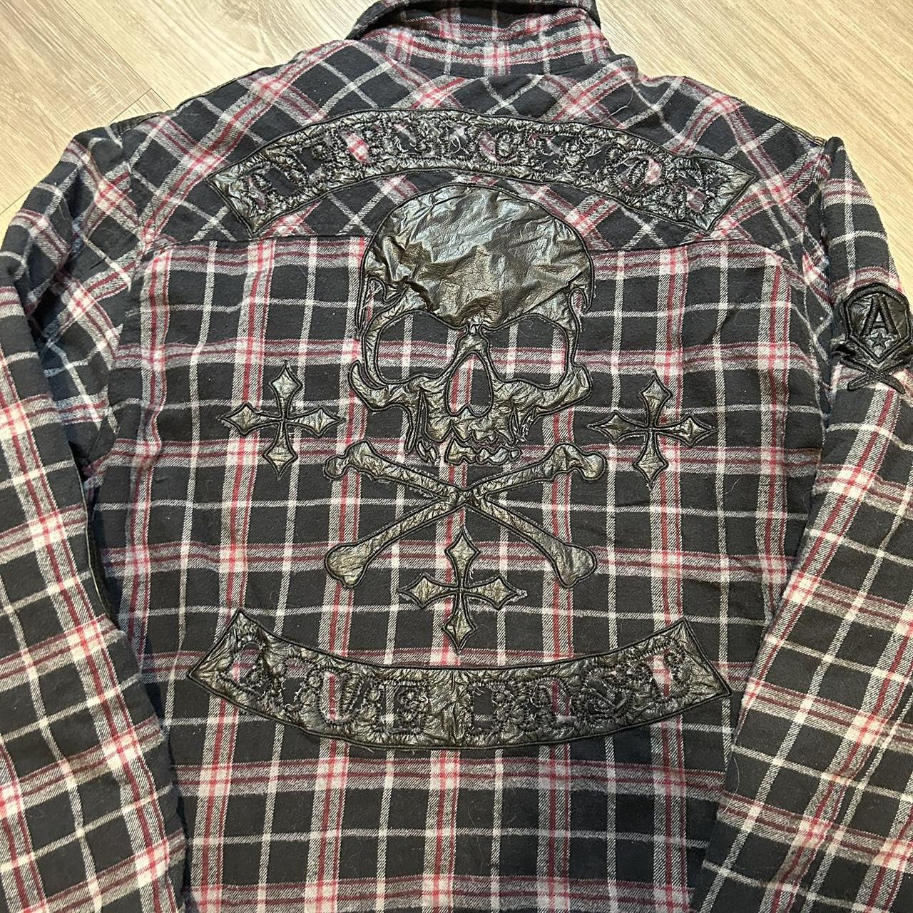Emo Y2K Plaid affliction Button Up Jacket Size... - Depop