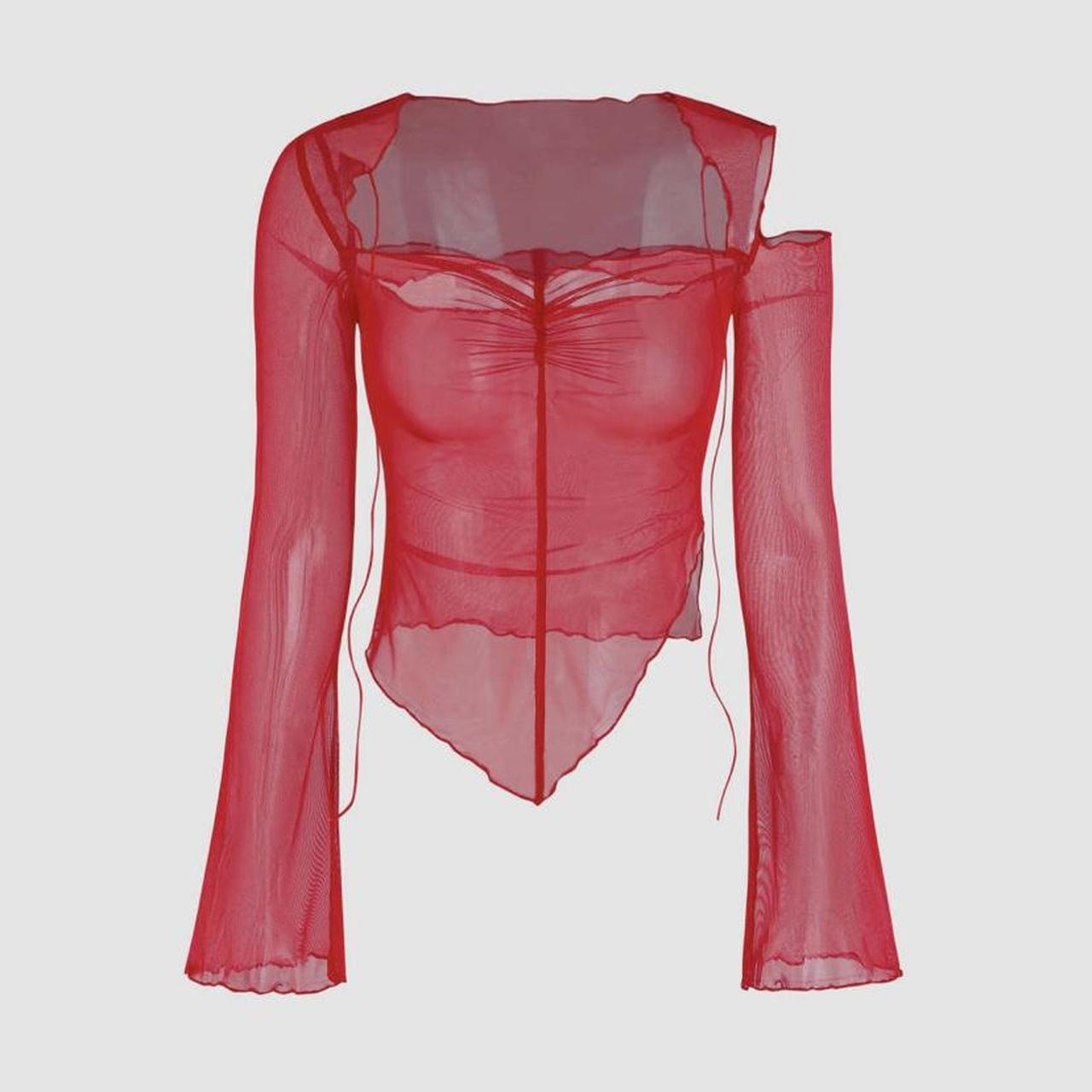Cider Red Mesh Solid Cut Out Long Sleeve Top #cider... - Depop
