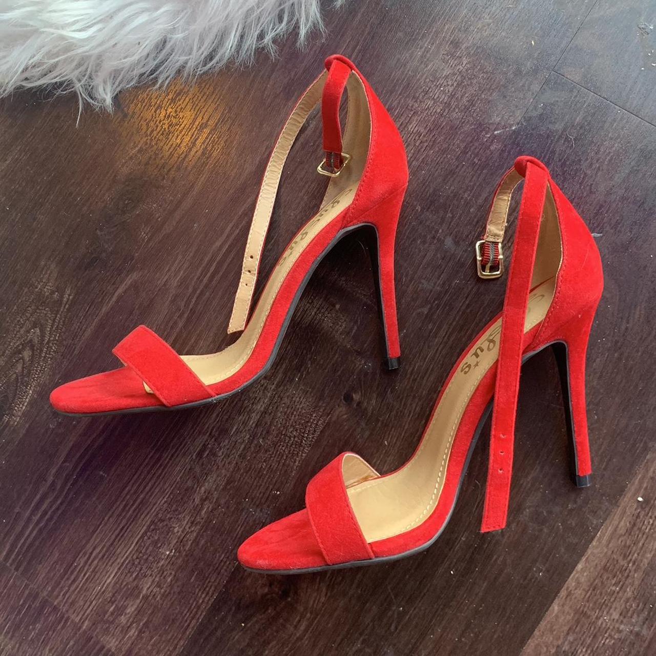 Red suede high heels with ankle strap... - Depop