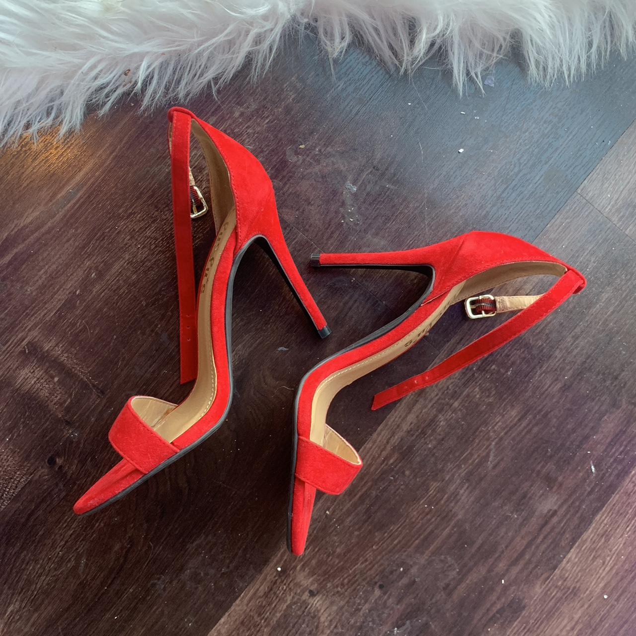 Red suede high heels with ankle strap... - Depop