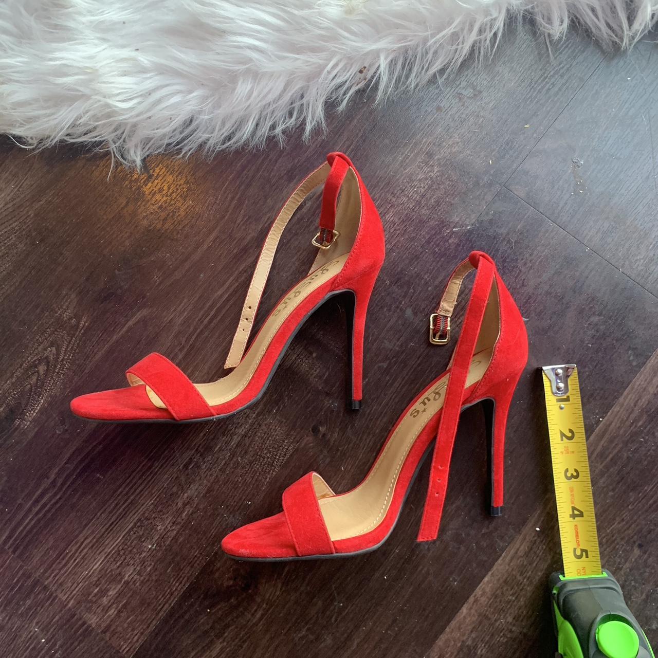 Red suede high heels with ankle strap... - Depop