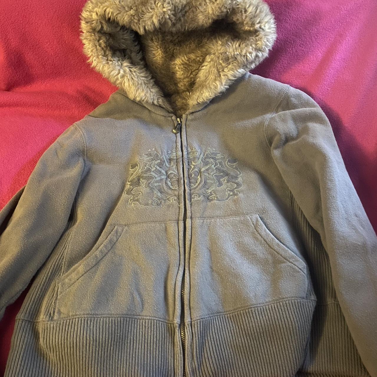 y2k fur lined zip-up hoodie *the sweater is very... - Depop
