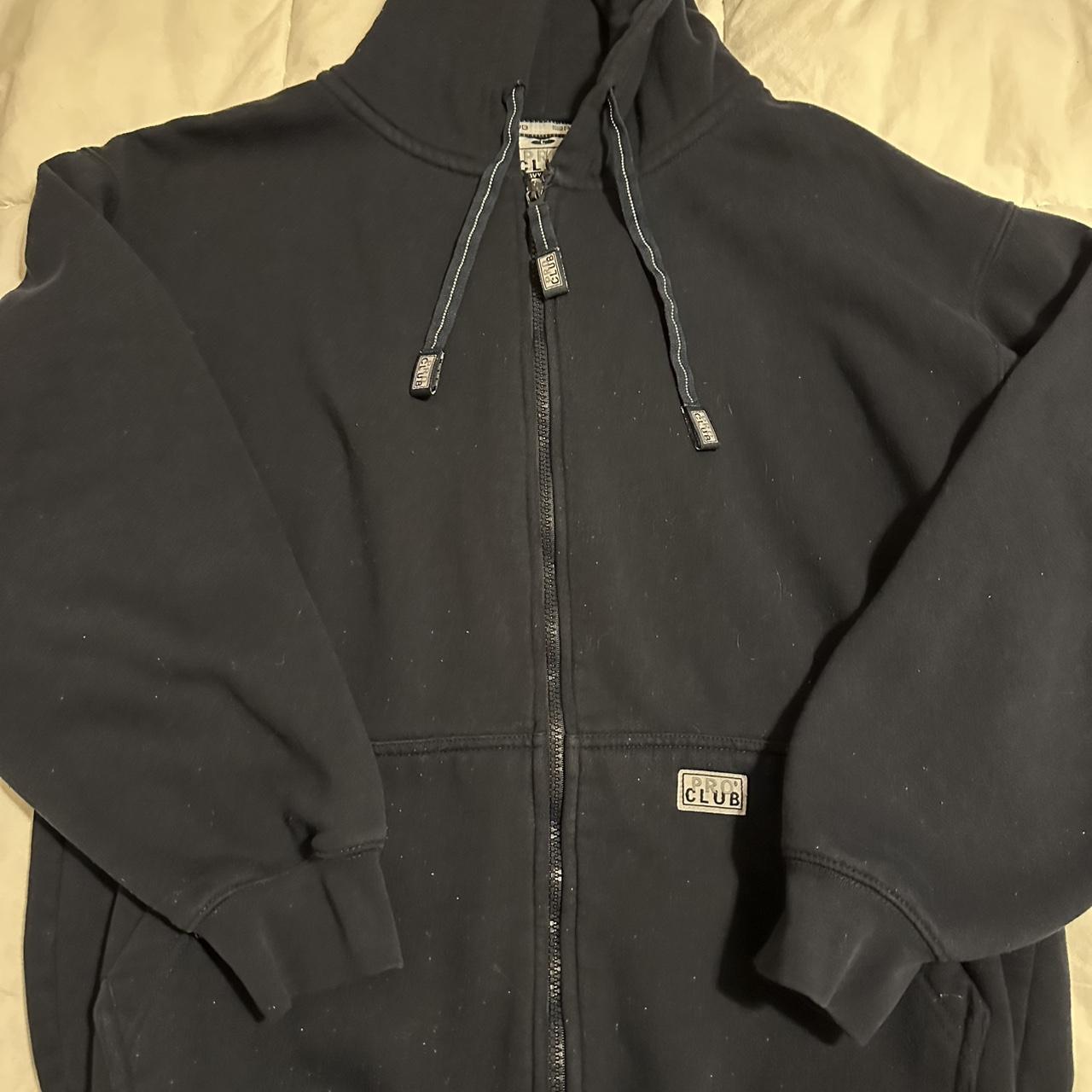 navy blue pro club zip-up hoodie with cool details... | Depop