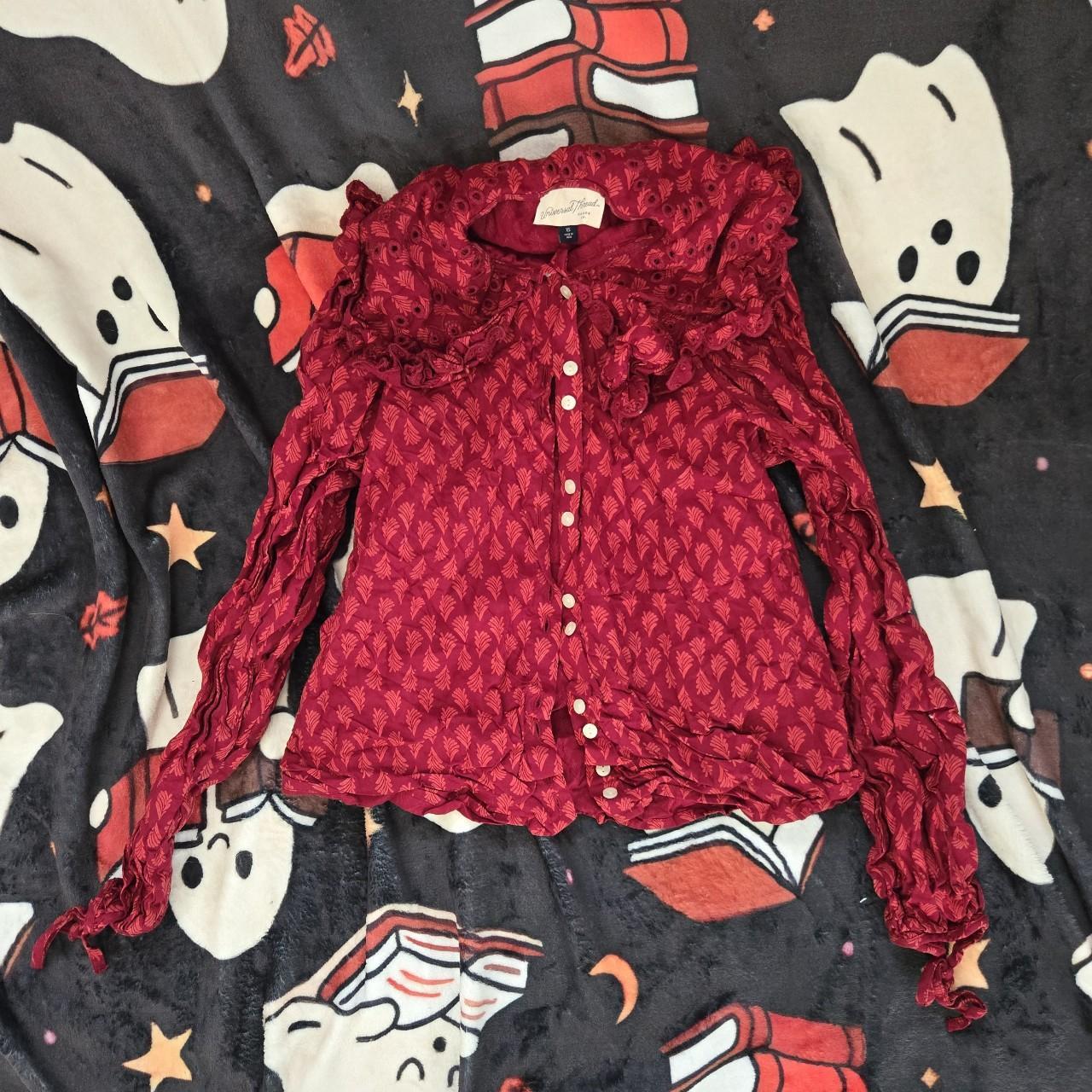 Red ruffled blouse with white buttons and long... | Depop