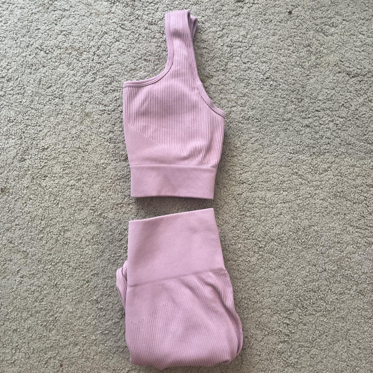 light pink workout set sports bra with padding and... - Depop