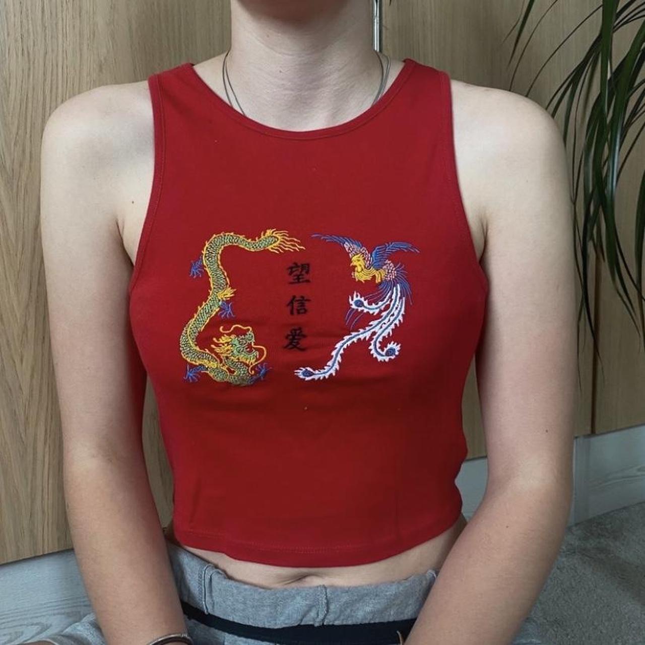 Y2k mini vest top Pretty Chinese dragon design... - Depop