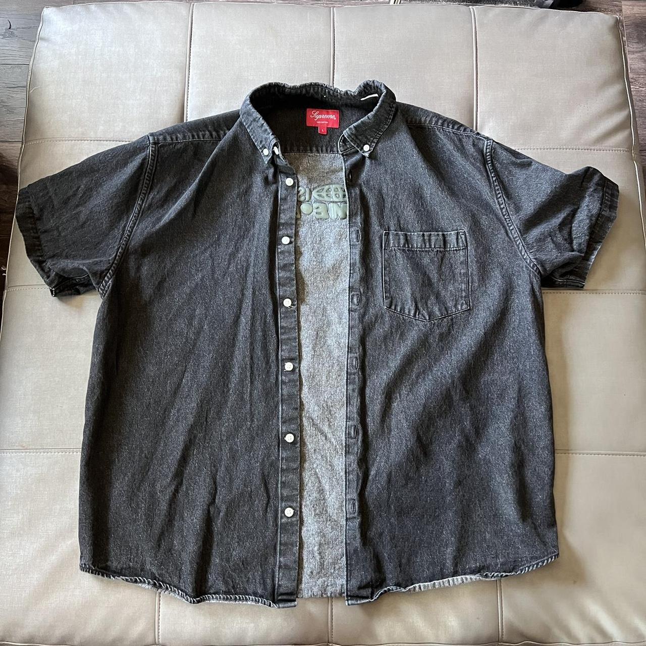 Supreme the world is yours button up denim shirt.... - Depop