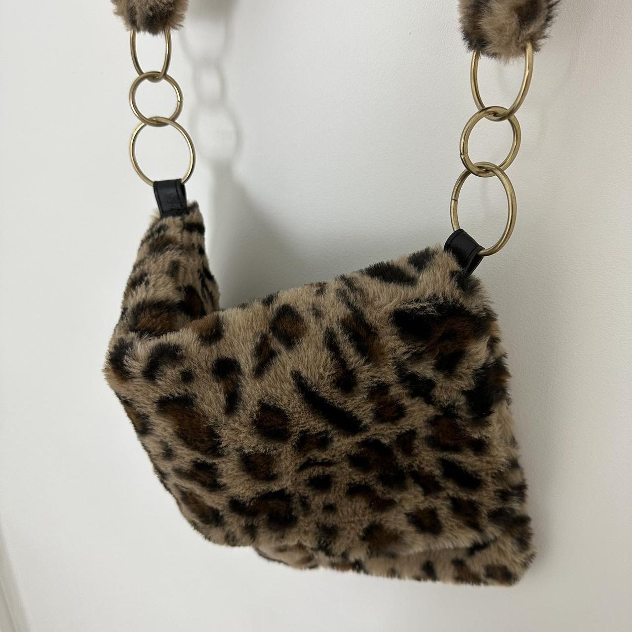 Fluffy leopard animal print shoulder bag with gold o... - Depop