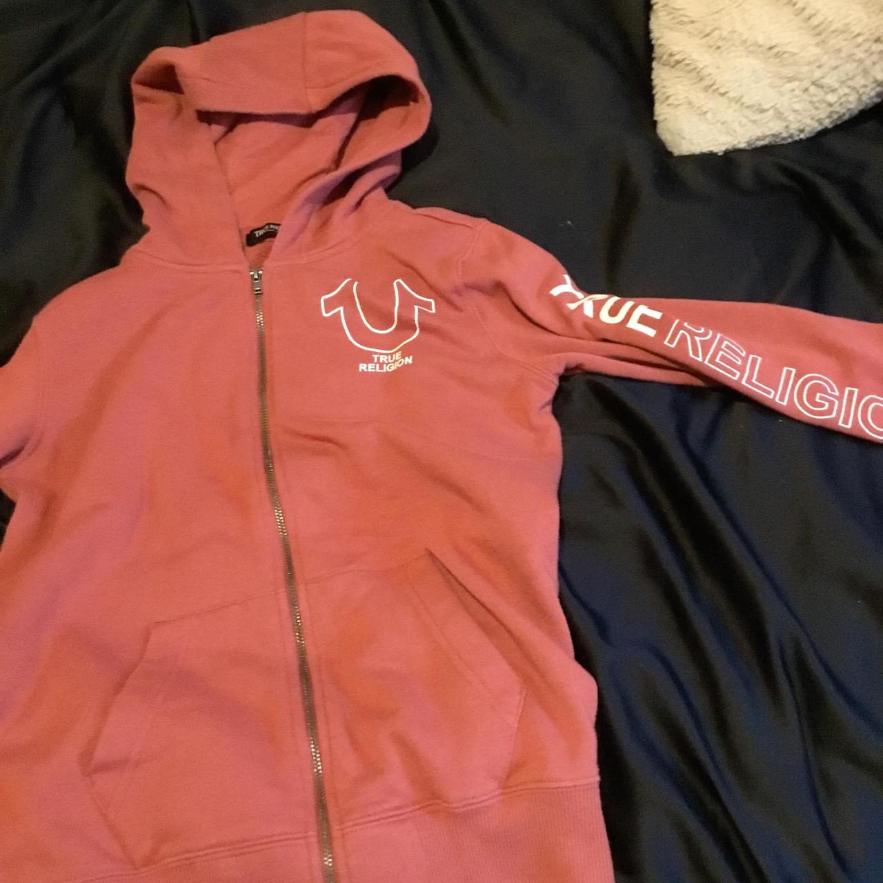 True Religion pink and white zip up hoodie size small - Depop