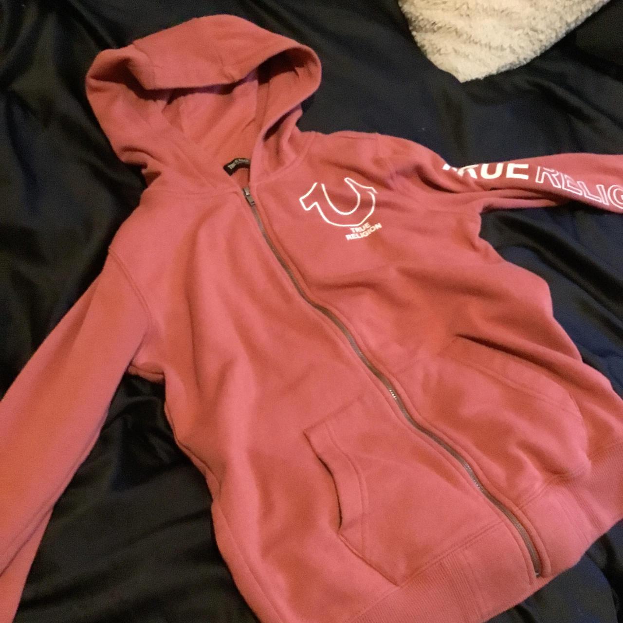 True Religion pink and white zip up hoodie size small - Depop