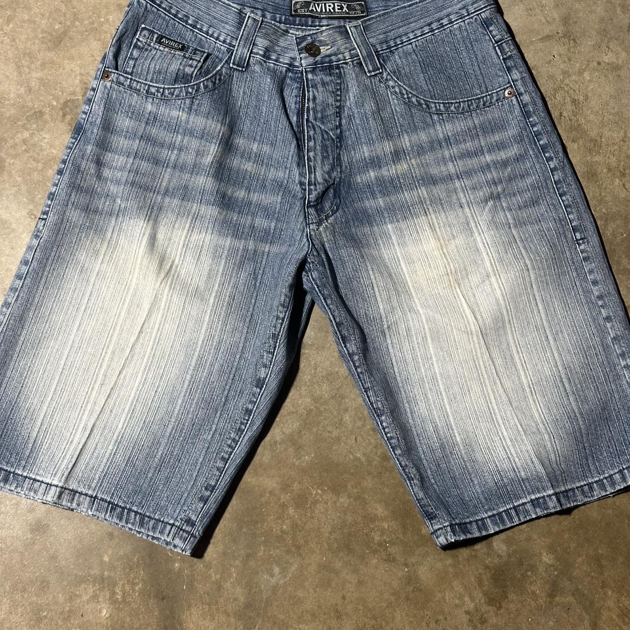 avirex jorts crazy wash small stain as shown Size... - Depop
