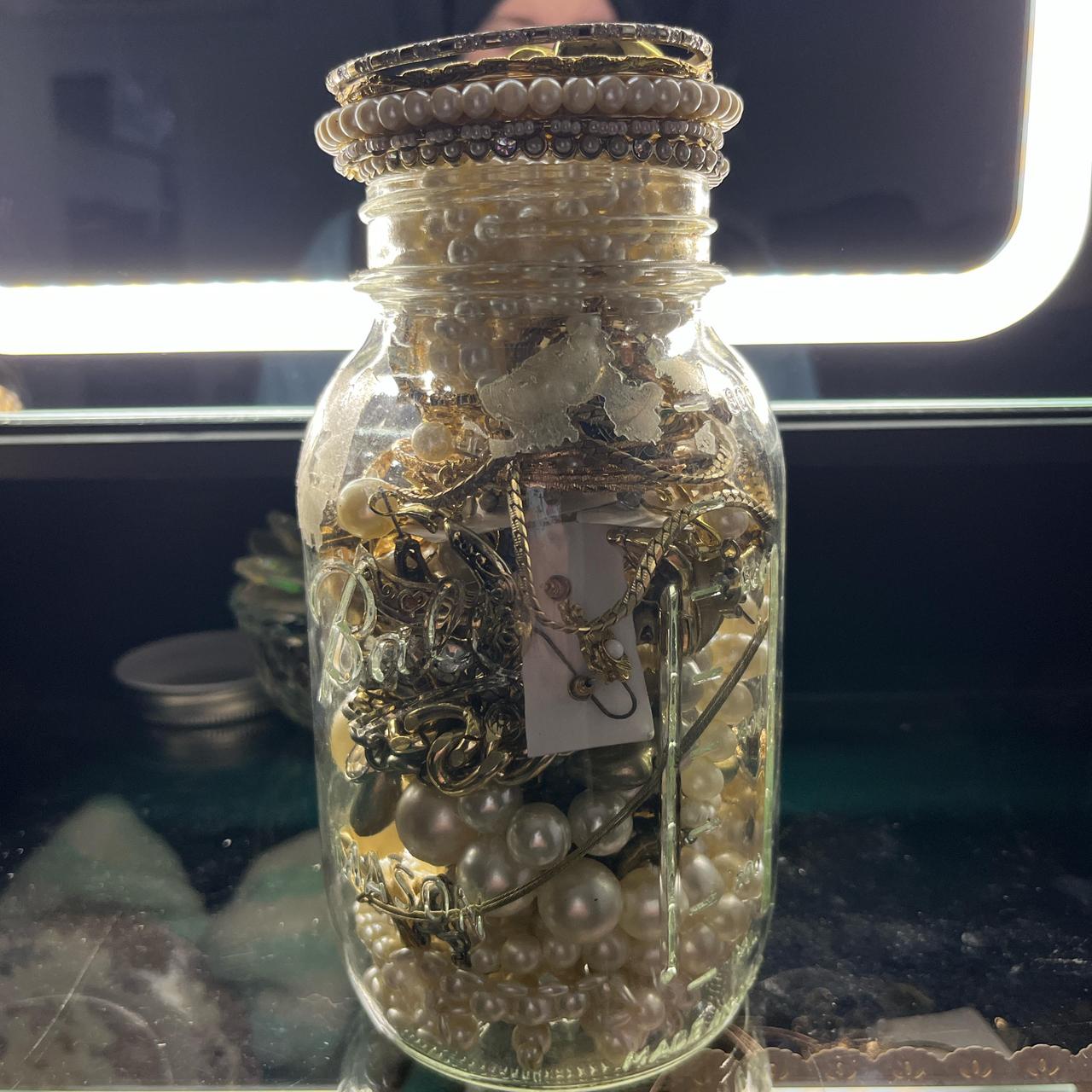 Overflowing, gold and pearl themed jewelry jar #1... | Depop