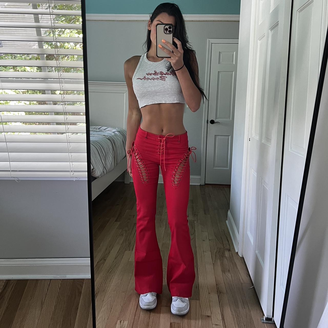 Edikted women’s red flared pants - Depop