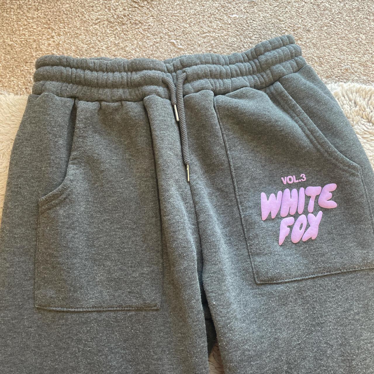white fox joggers, dark grey and purple. women’s xxs - Depop