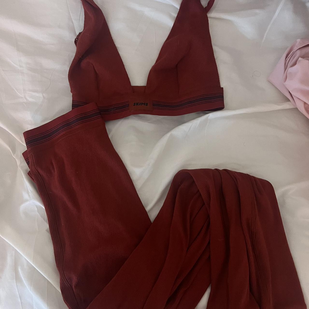 Red/Burgundy skims leggings and bra Sold out... - Depop