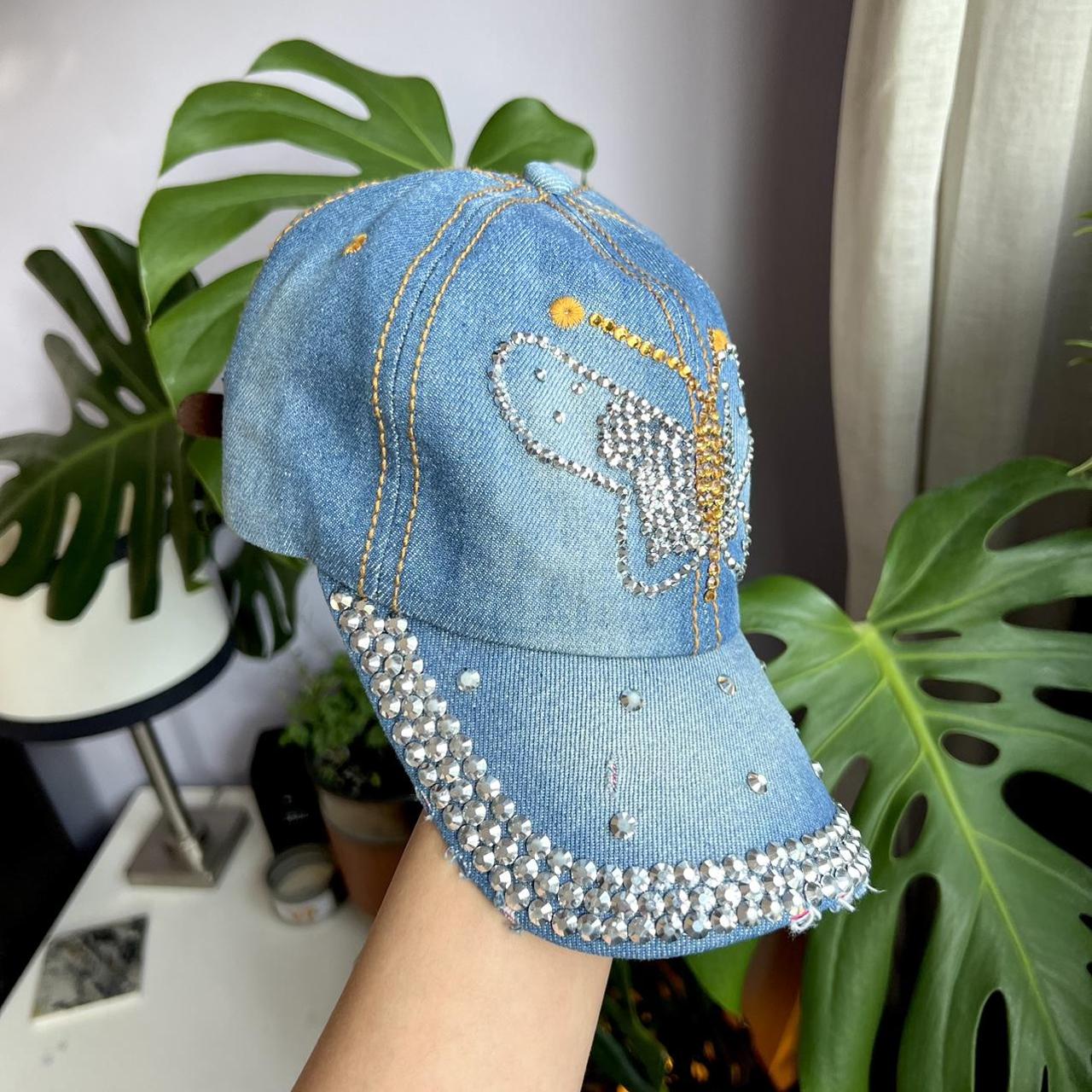 Stunning bedazzled Y2K butterfly denim baseball cap!... - Depop