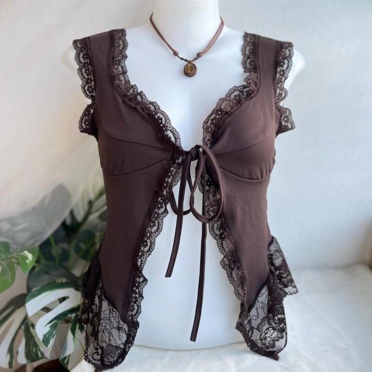 Cute Brown open split Lace Bowknot Tie Back Tank Top... - Depop