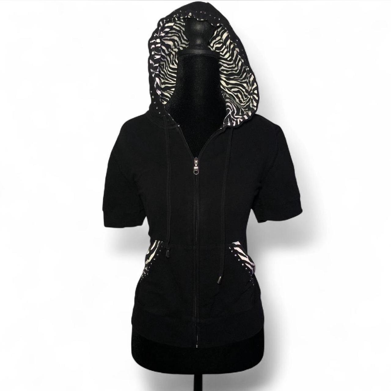 onque black zip up hoodie with zebra print pockets &... | Depop
