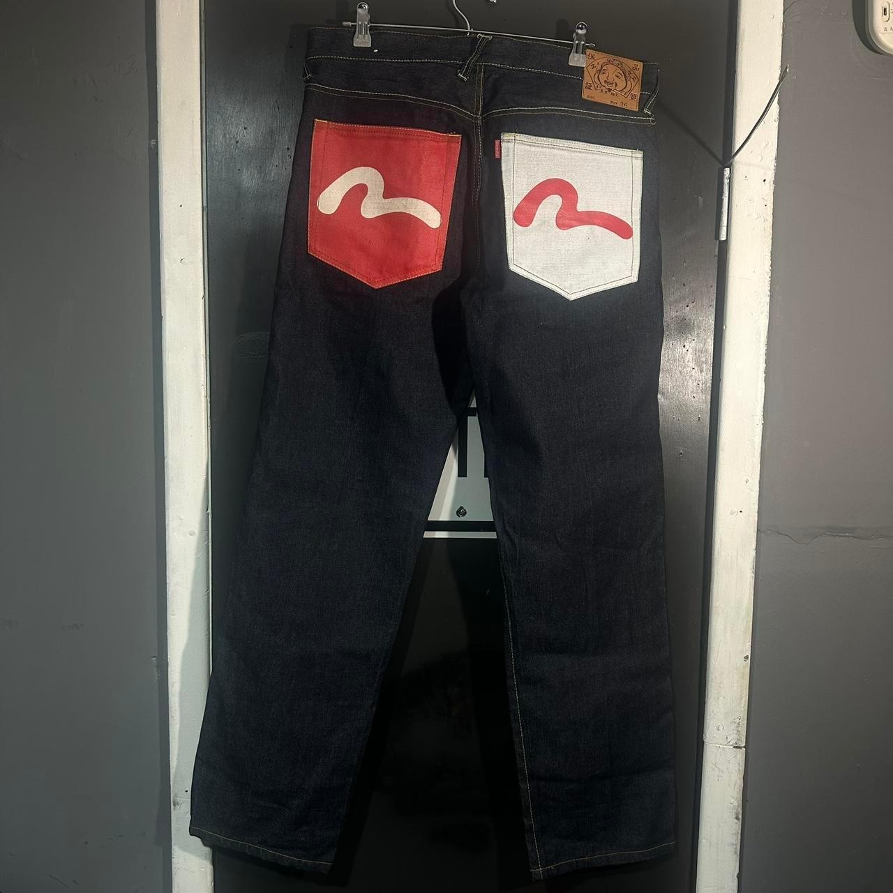 Evisu Men's Red and White Jeans Y2K Evisu Jeans Blue... - Depop