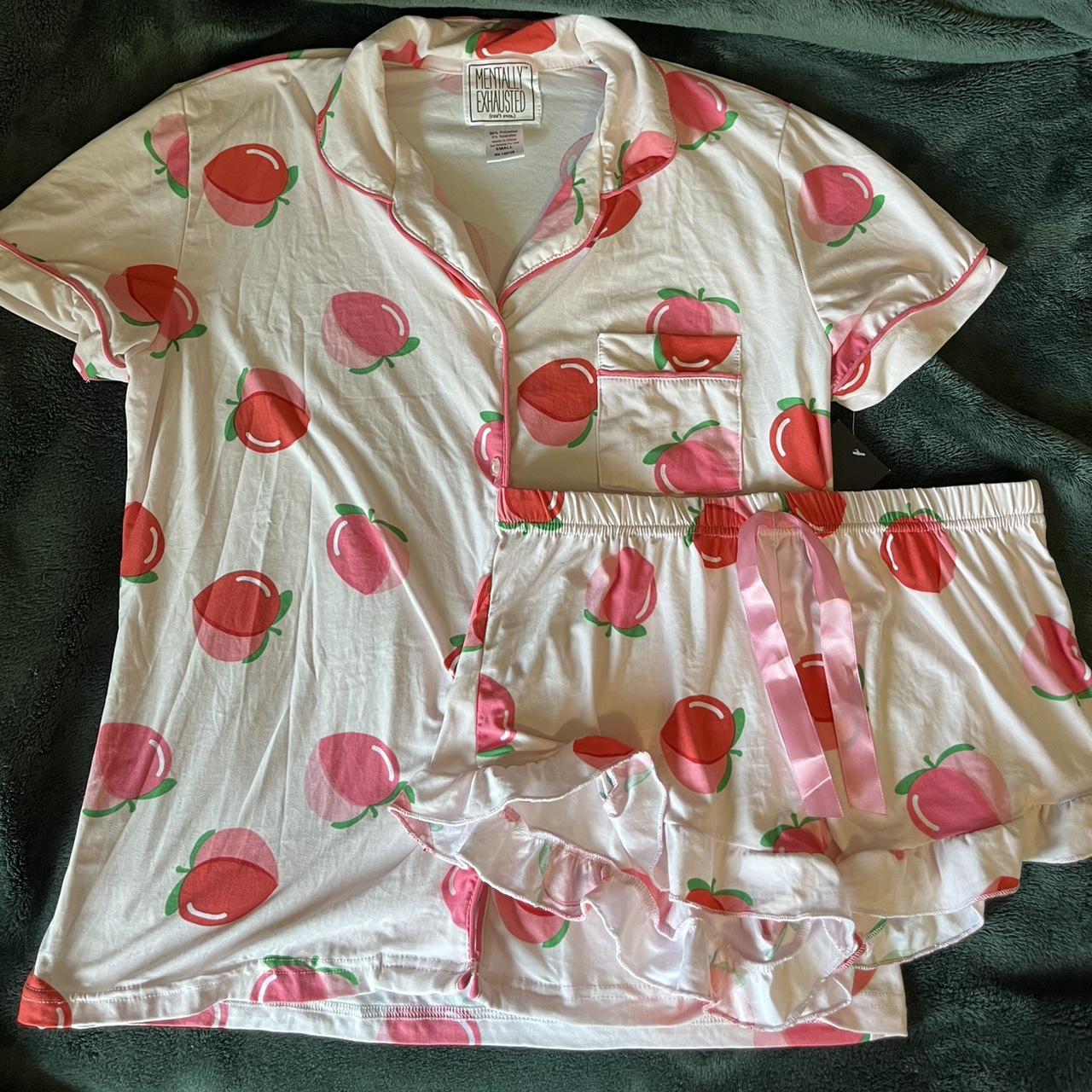 peach print two piece pajama set material is so soft... - Depop