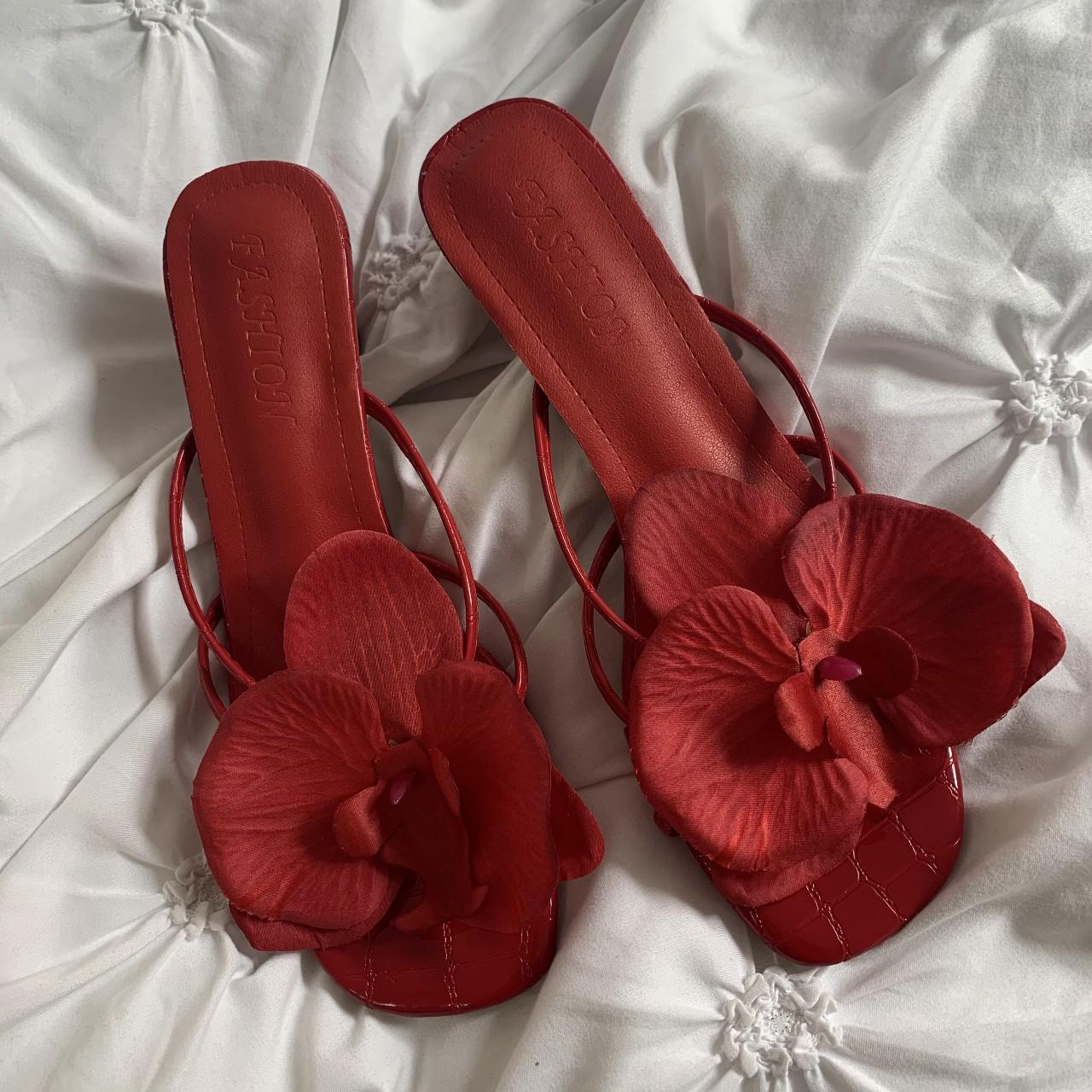 Red hibiscus flower heels Size 5 UK Brand new... - Depop