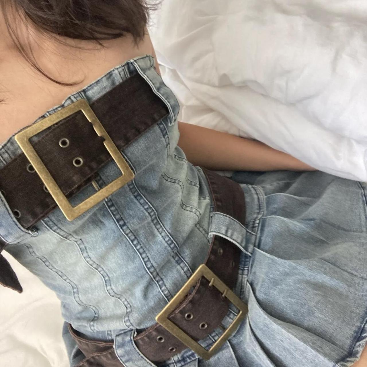 mini jeans denim belted belt dress size L, but... - Depop