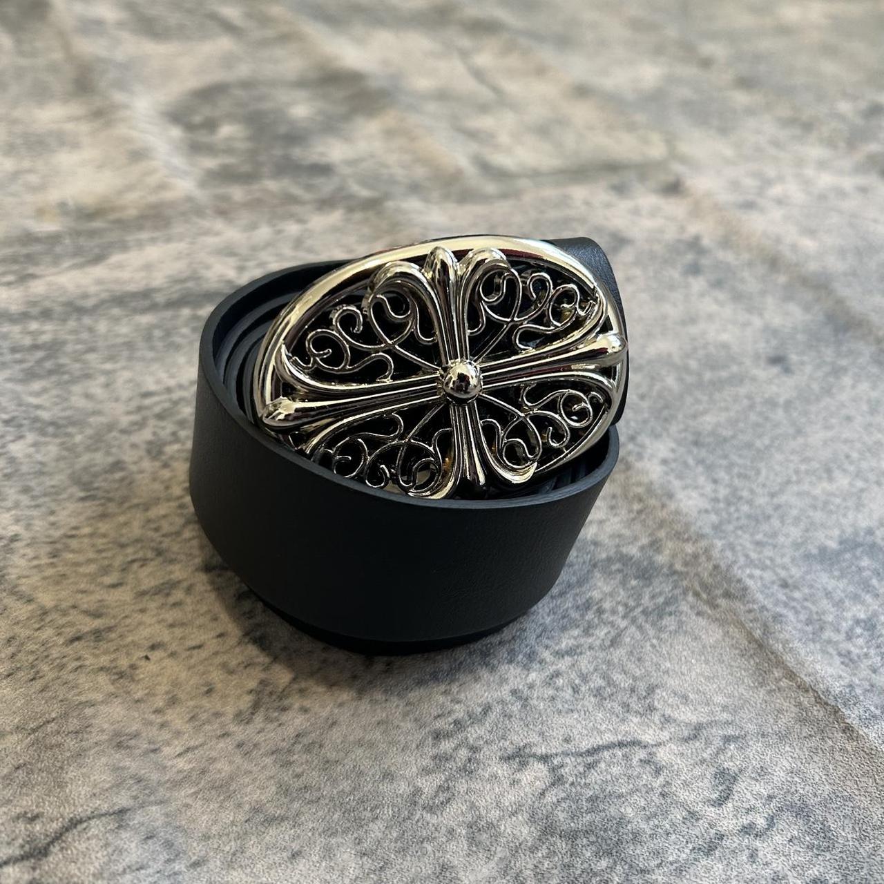 Y2K 2000s cross gothic metallic buckle black leather... - Depop