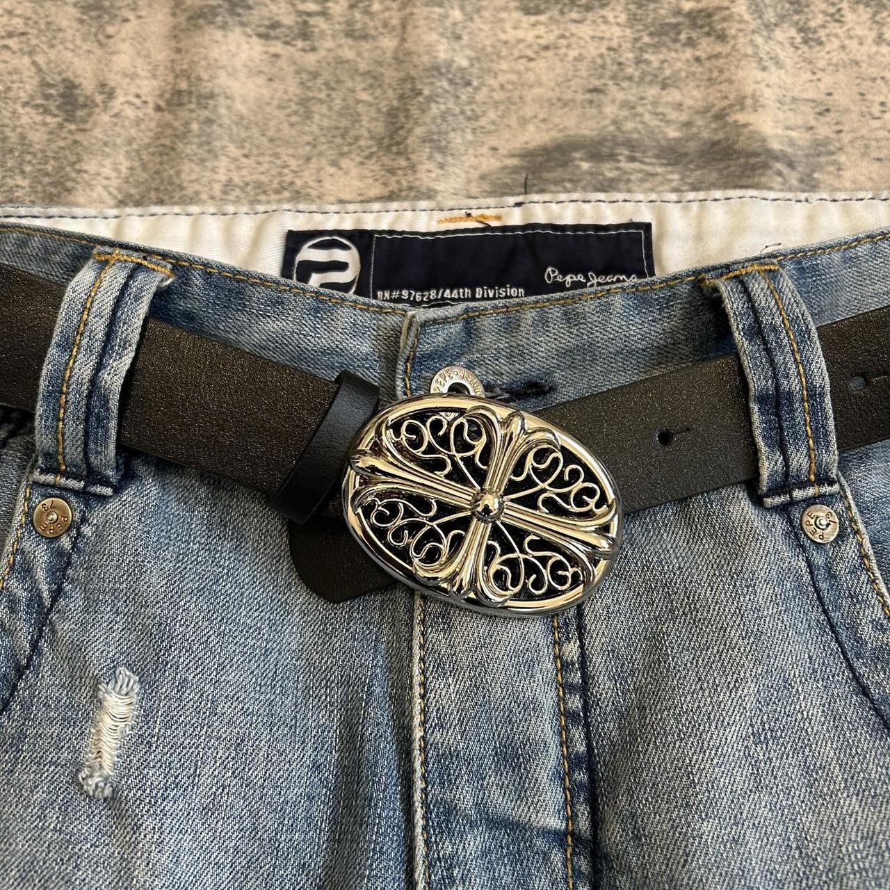 Y2K 2000s cross gothic metallic buckle black leather... - Depop