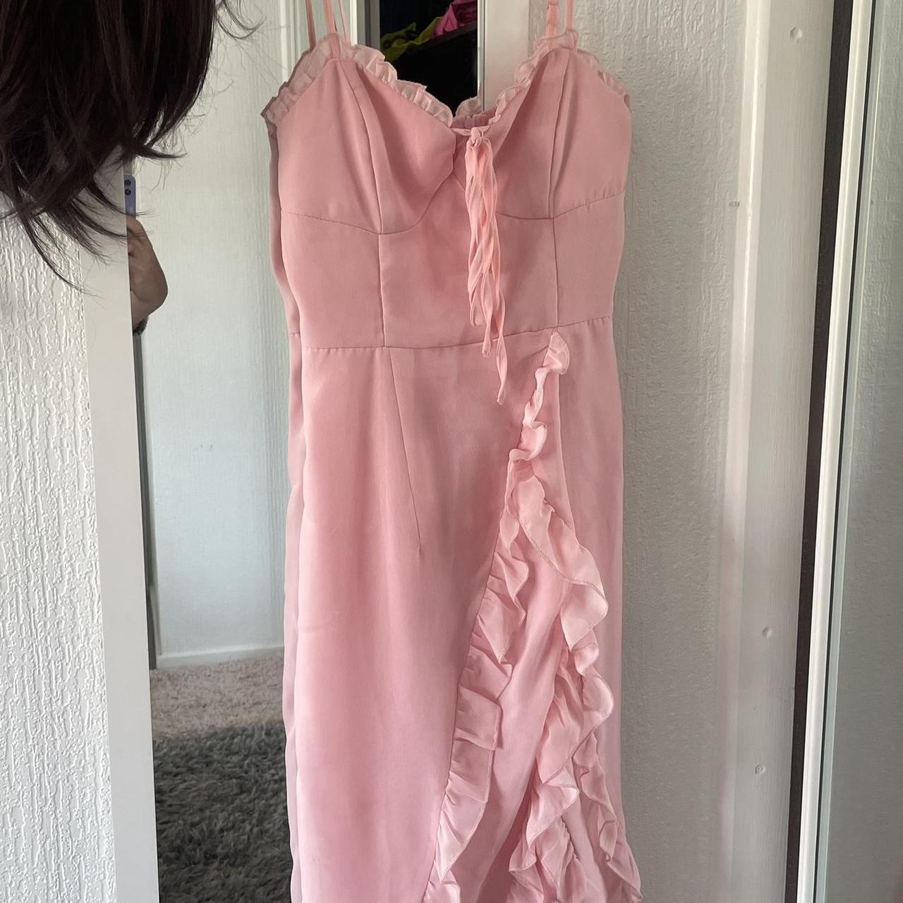 gorgeous pink flowy dress with leg split, worn a... - Depop